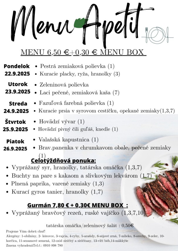 Denné menu Apetit reštaurácia, Rožňava | restauracie.sk