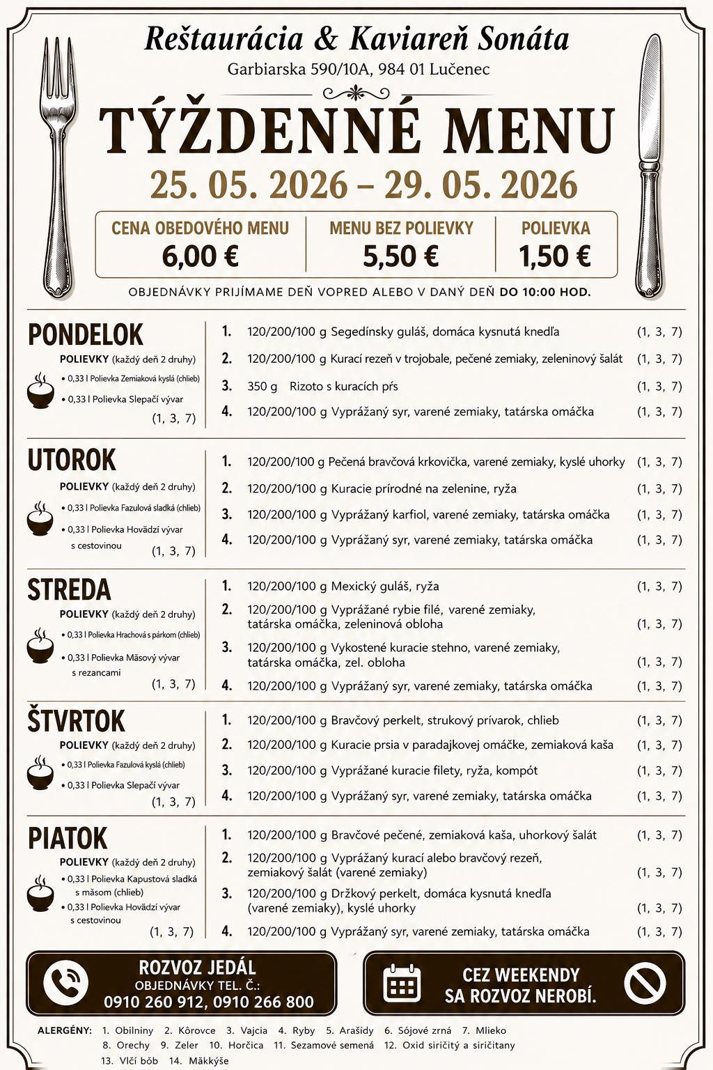 Denné menu Reštaurácia Kaviareň Sonáta, Lučenec | restauracie.sk
