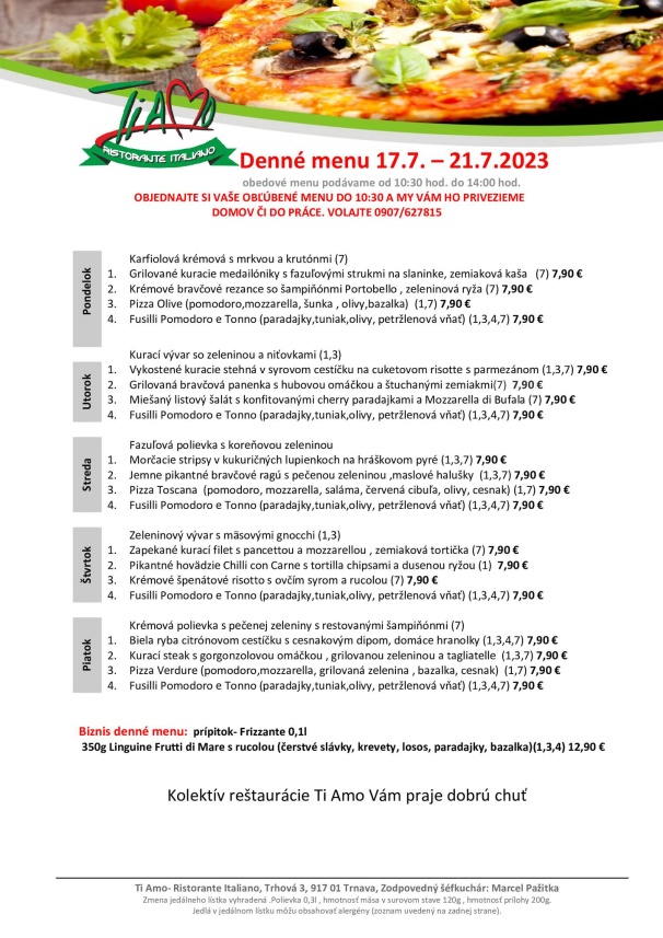 Denné menu Pizzéria Galileo, Trnava | restauracie.sk
