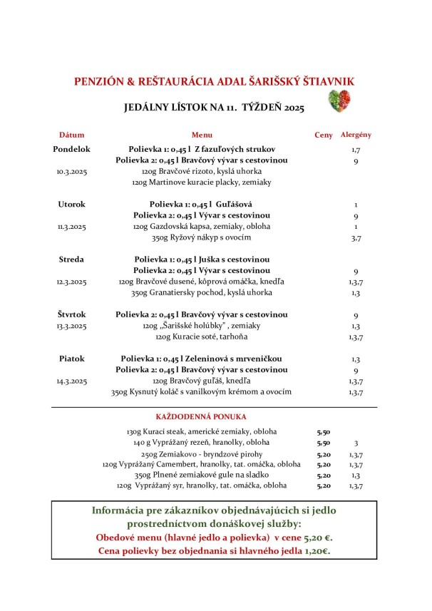 Denné menu Stropkov - zoznam menu | restauracie.sk