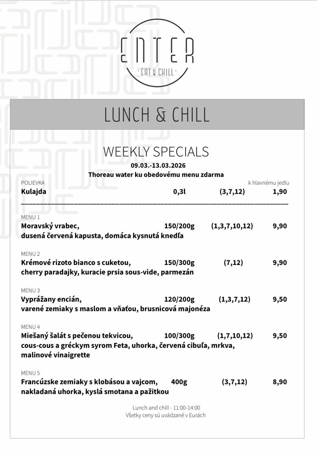 Denné menu Enter Eat & Chill, Košice | restauracie.sk