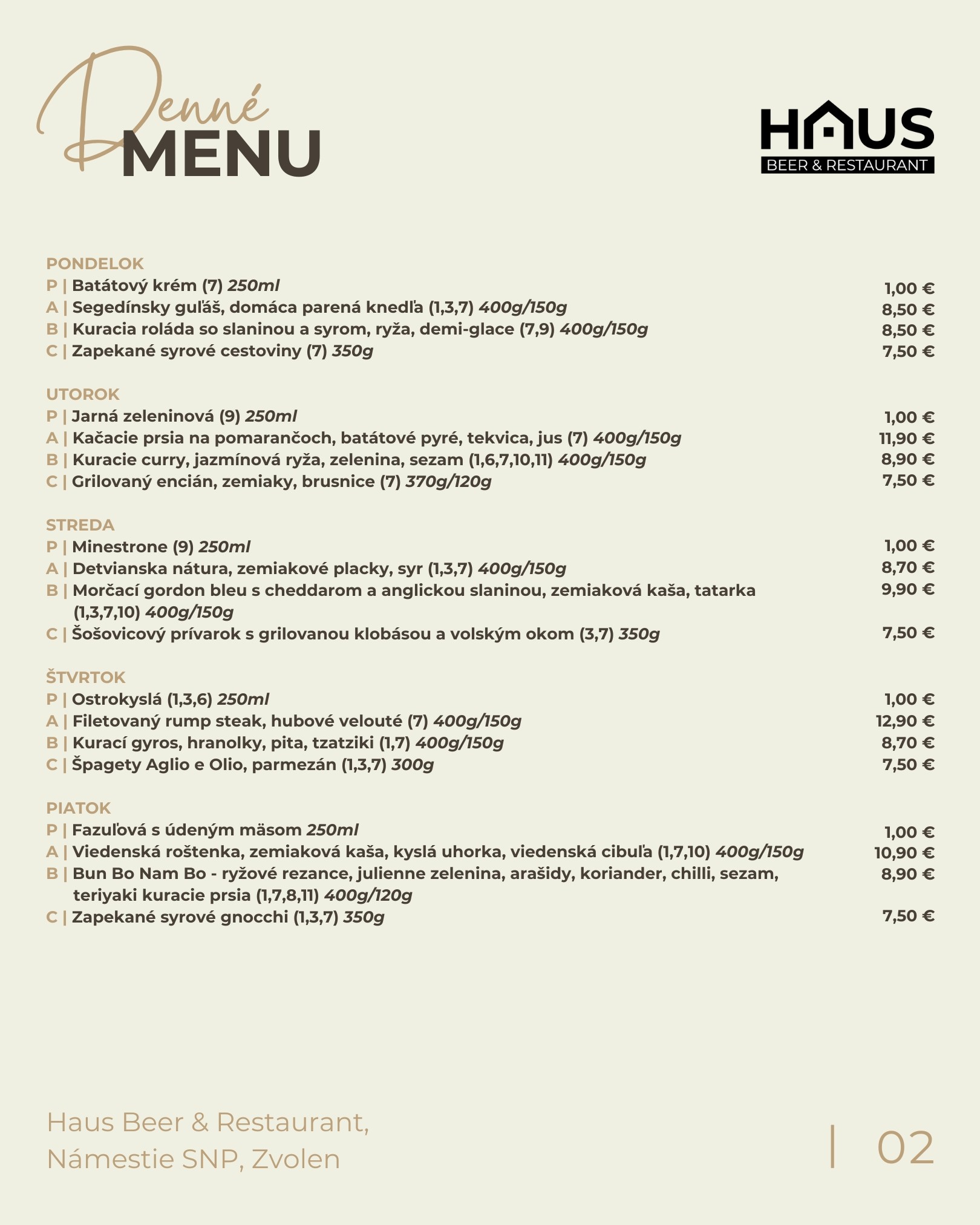 Denné menu Haus Beer & Restaurant Zvolen, Zvolen | restauracie.sk