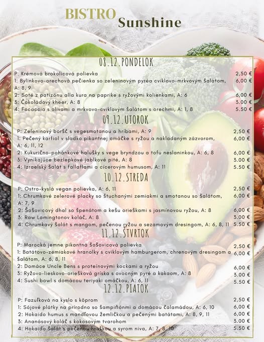 Denné menu Bistro Sunshine Levice, Levice | restauracie.sk