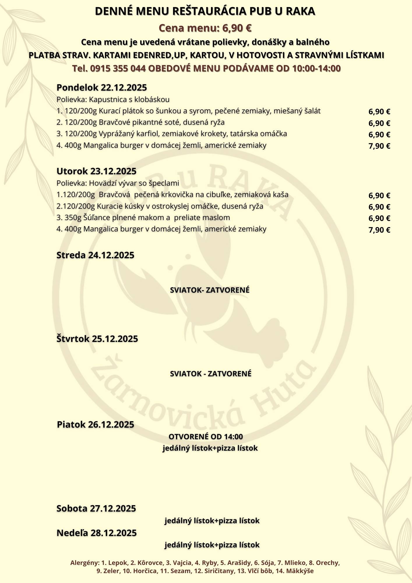 Denné menu PUB u RAKA, Žarnovica | restauracie.sk
