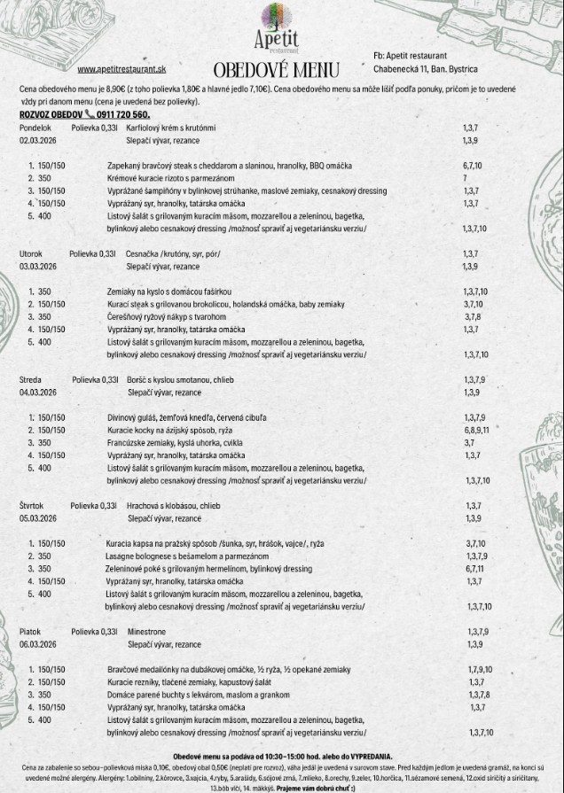 Denné menu Apetit restaurant Bánska Bystrica, Banská Bystrica ...