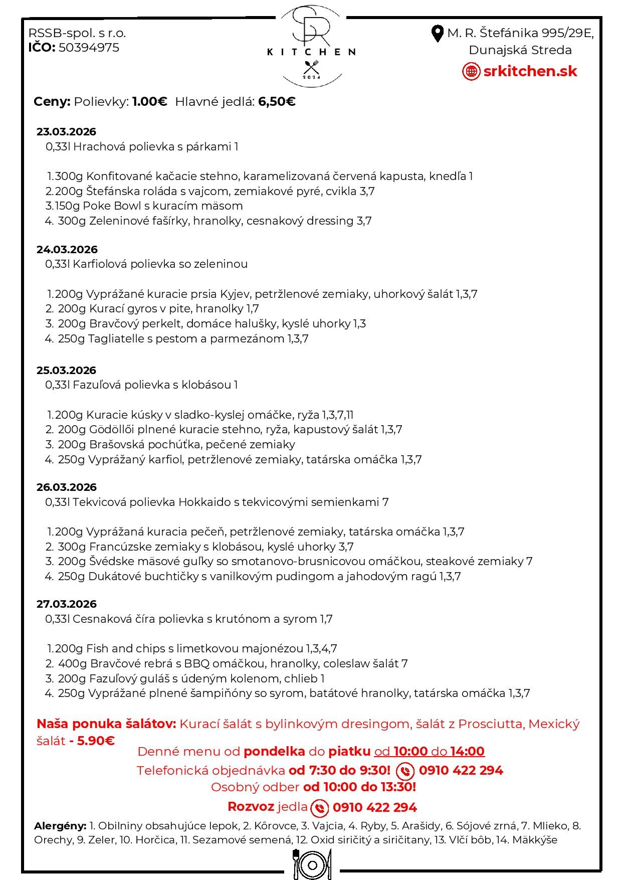 Denné menu SR Kitchen, Dunajská Streda | restauracie.sk