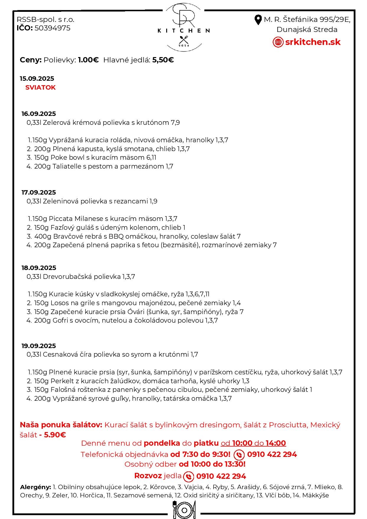 Denné menu SR Kitchen, Dunajská Streda | restauracie.sk