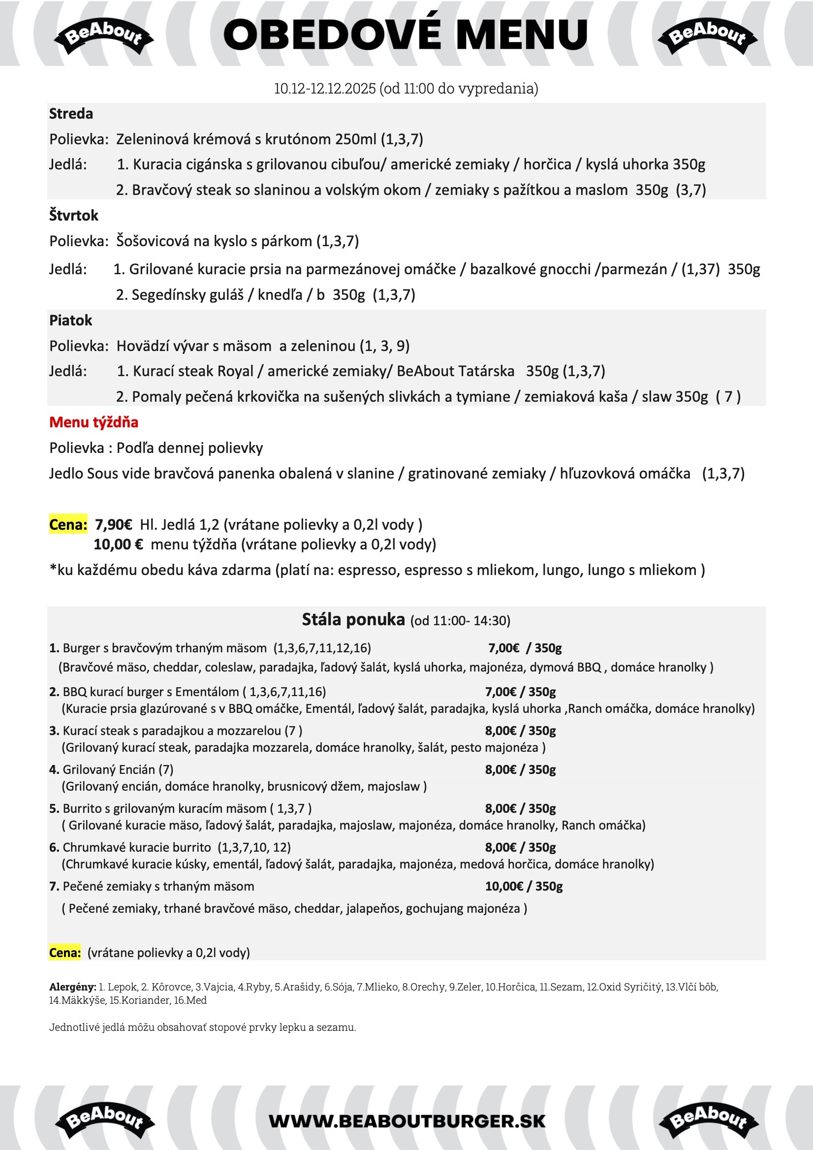 Denné menu BeAbout U troch zajacov, Bratislava | restauracie.sk