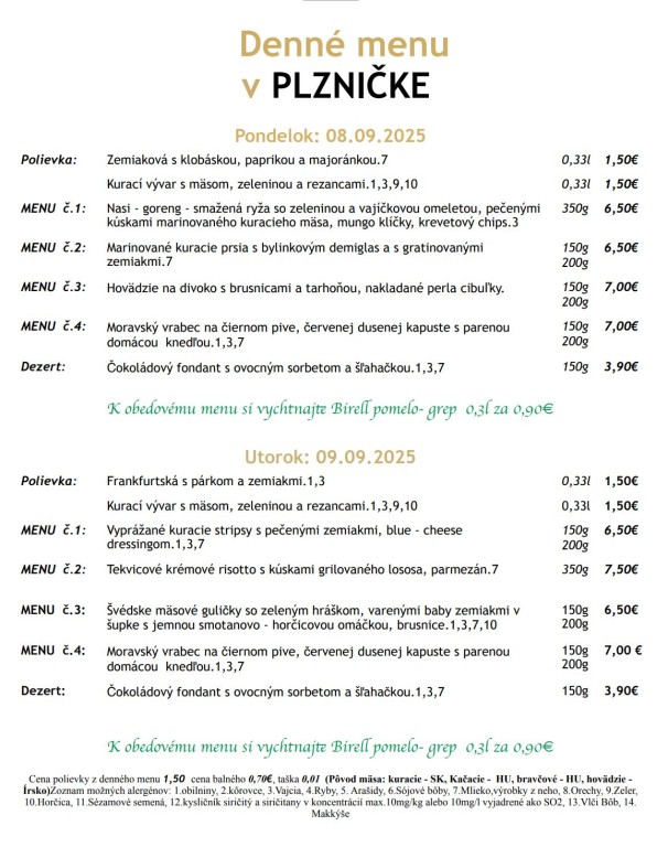 Denné menu Plznička Plzeňská reštauráci, Žilina | restauracie.sk