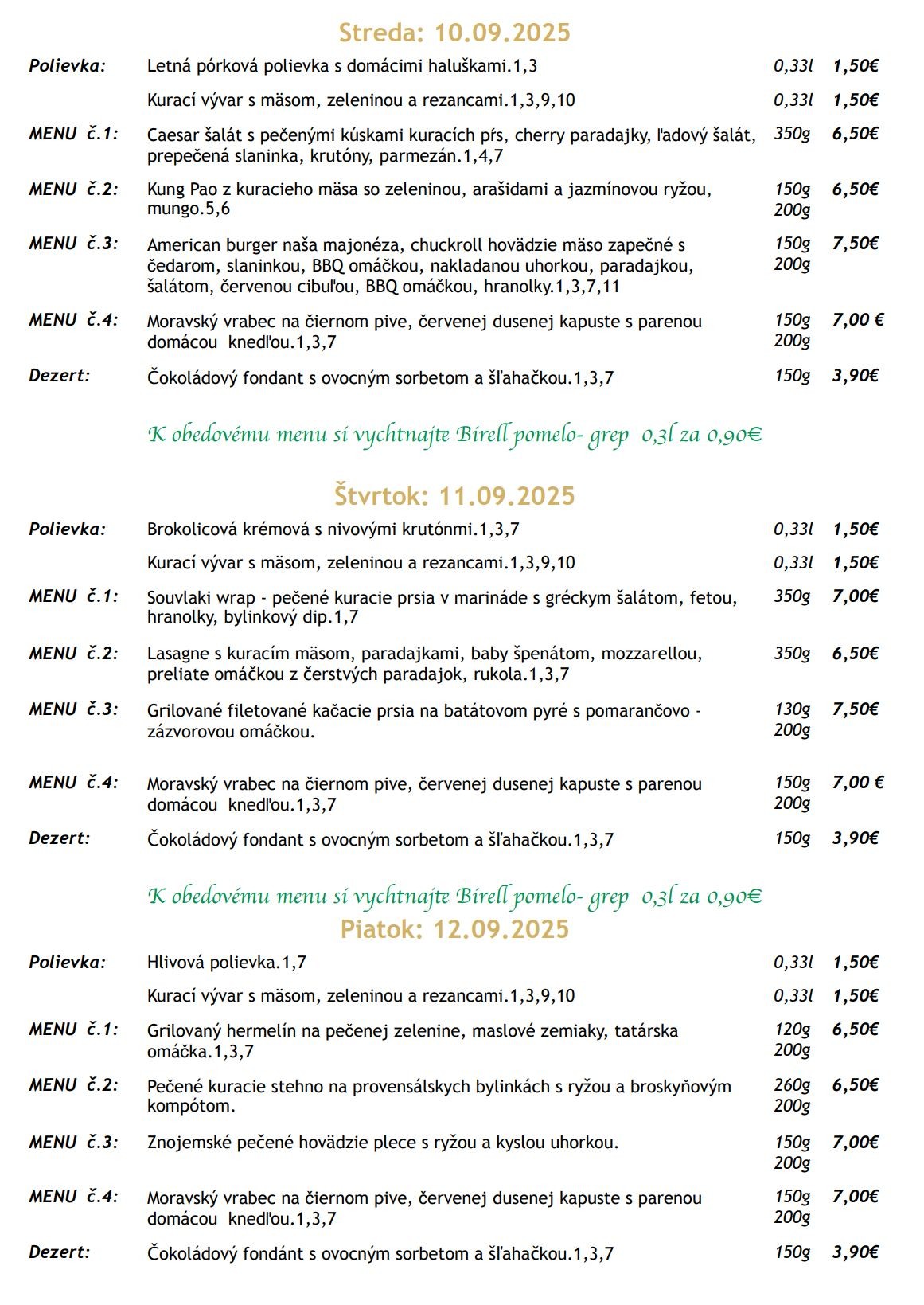 Denné menu Plznička Plzeňská reštauráci, Žilina | restauracie.sk