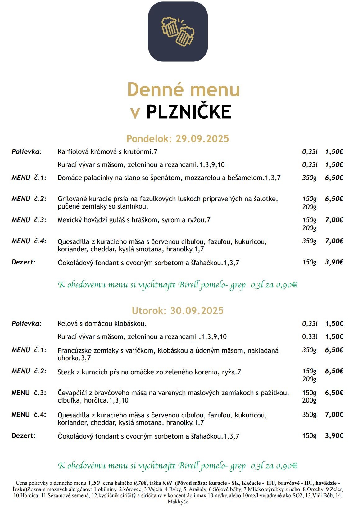 Denné menu Plznička Plzeňská reštauráci, Žilina | restauracie.sk