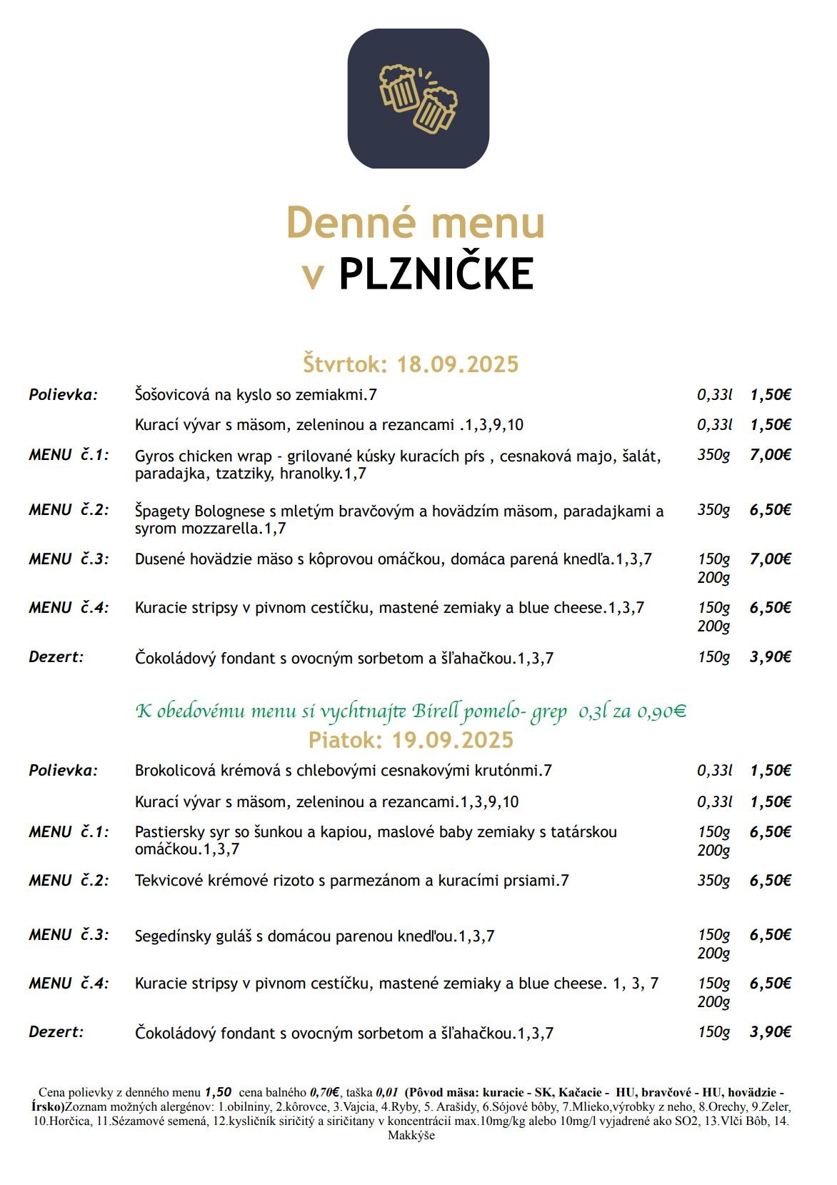 Denné menu Plznička Plzeňská reštauráci, Žilina | restauracie.sk