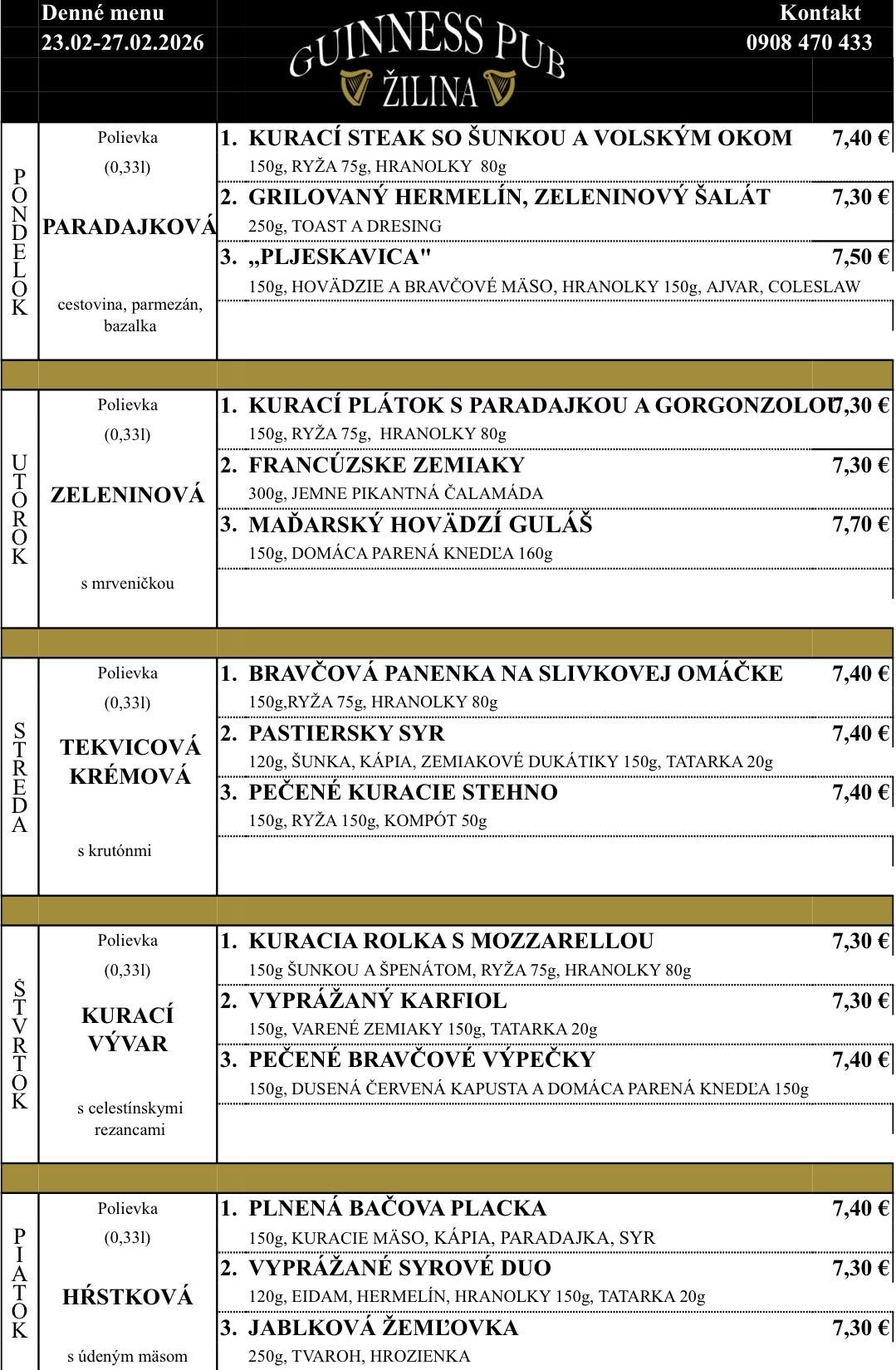 Denné menu Plznička Plzeňská reštauráci, Žilina | restauracie.sk