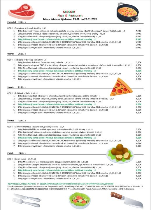 Denné menu Gregory Pizza & Restaurant, Bratislava | restauracie.sk