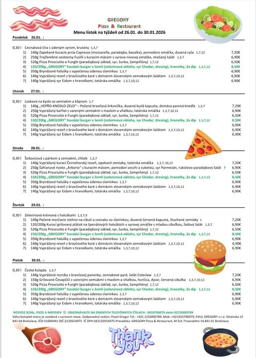 Denné menu Gregory Pizza & Restaurant, Bratislava | restauracie.sk