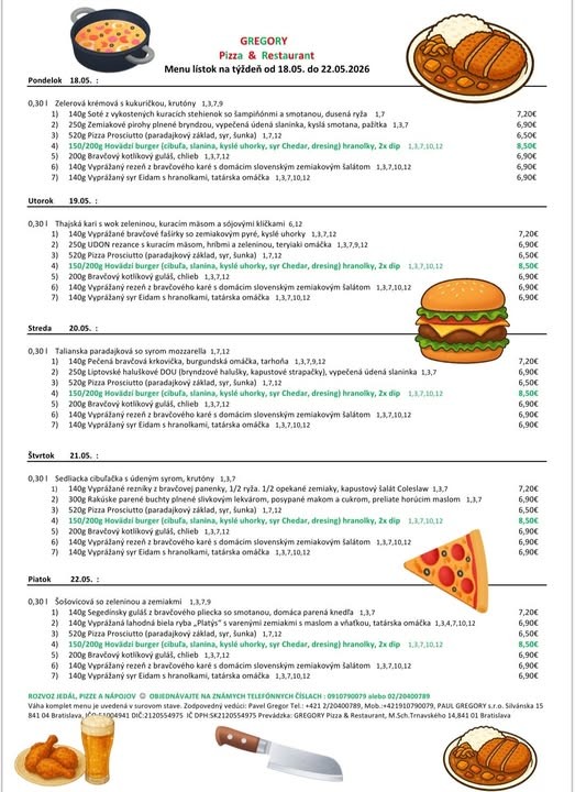 Denné menu Gregory Pizza & Restaurant, Bratislava | restauracie.sk